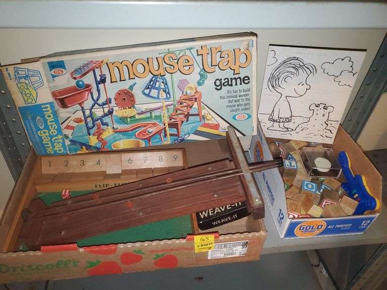 Vintage toys including blocks, mousetrap, weave it, flip flop and more ...