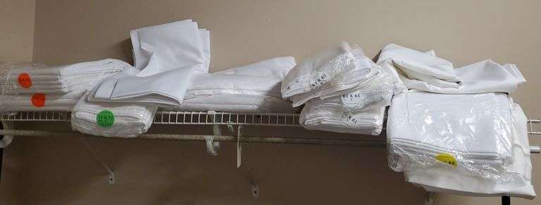 Large group of white table linens sizes 52X 114... 61x61... 71x71 ...