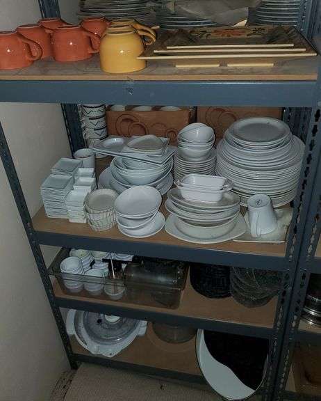 Four shelves of assorted dishware, serving tray, salad spinner, baskets etc - Bid-Assets Online ...