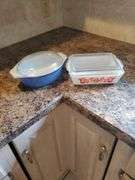 Two shelf lot including vintage Pyrex 1960s divided chaffing dish ...