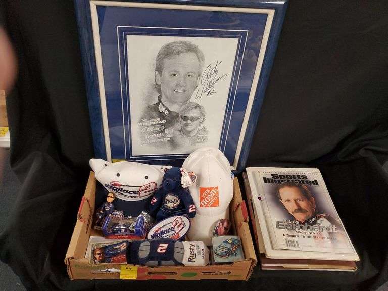 NASCAR memorabilia including autographed Rusty Wallace artwork, hats ...