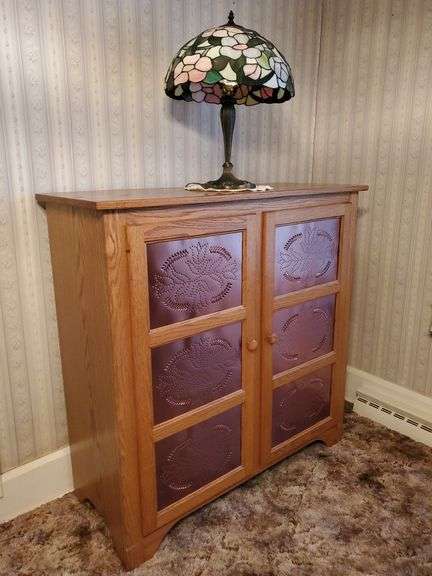 Custom Amish made solid oak pie safe with six pierced copper panels ...