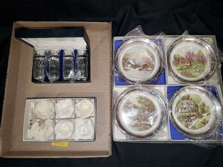 New in box silver plate salt and pepper shakers with cobalt blue glass ...