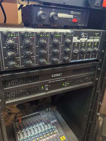 Sound system including: 8 channel mixer, AA multizone amplifier, QSC ...