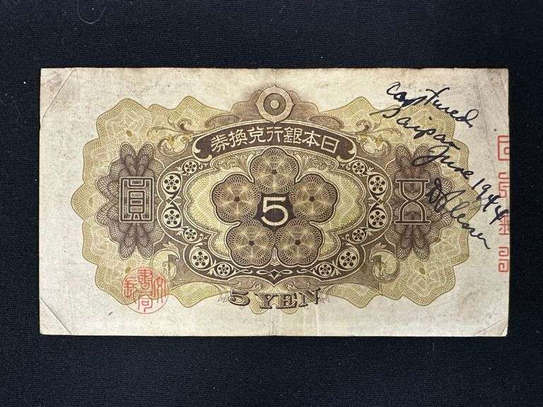 5 Yen Note "Captured" and Signed in 1944 - Bartlett Auctions Inc.