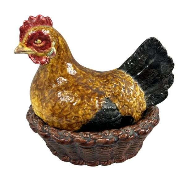 8" Vintage Bordello Pinheiro Majolica Pottery White Hen on Nest Basket ...