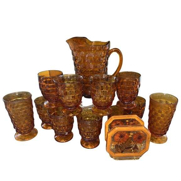 Vintage 1970s Amber Indiana Glass Whitehall Pattern MCM Cubist ...