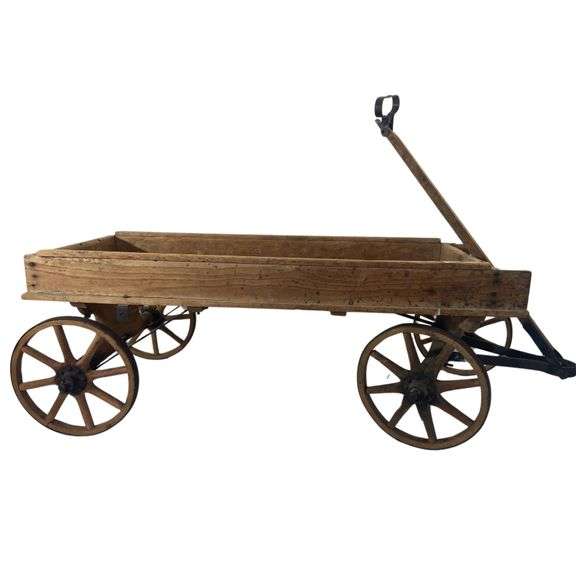 Antique Children's Farm Wagon Rustic Wood Spoked Wheels Cast Iron Bands ...