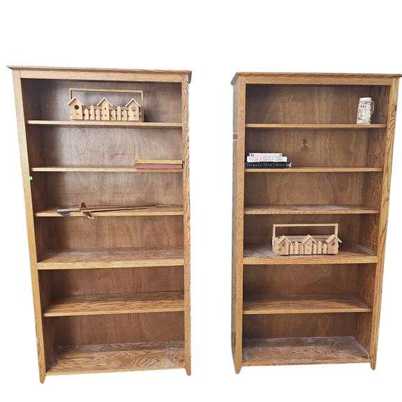 2 6FT Wooden Shelving Units Shelf Adjustable Oak - Bartkus Auctioneers