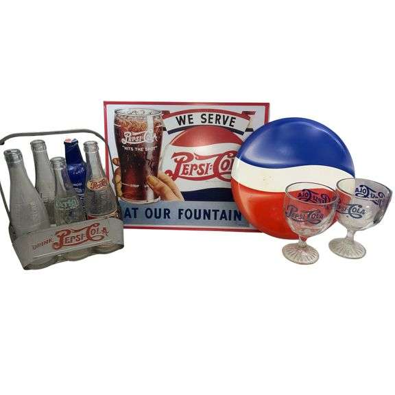Vintage PEPSI Bottles Carrier + Signs Goblets - Bartkus Auctioneers
