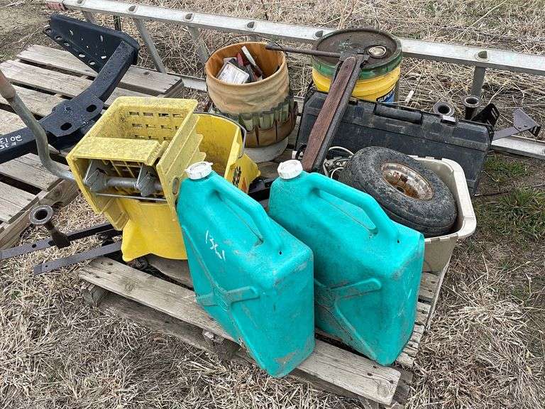 Mop Bucket, Carpenter Bucket, Bed Frame, 6 Gal Gas Cans, Pellet Gun ...