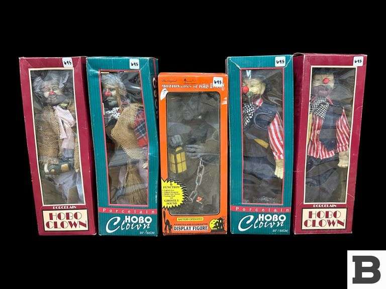 (4) Porcelain Hobo Clown Dolls and (1) Frankenstein Display Figure ...