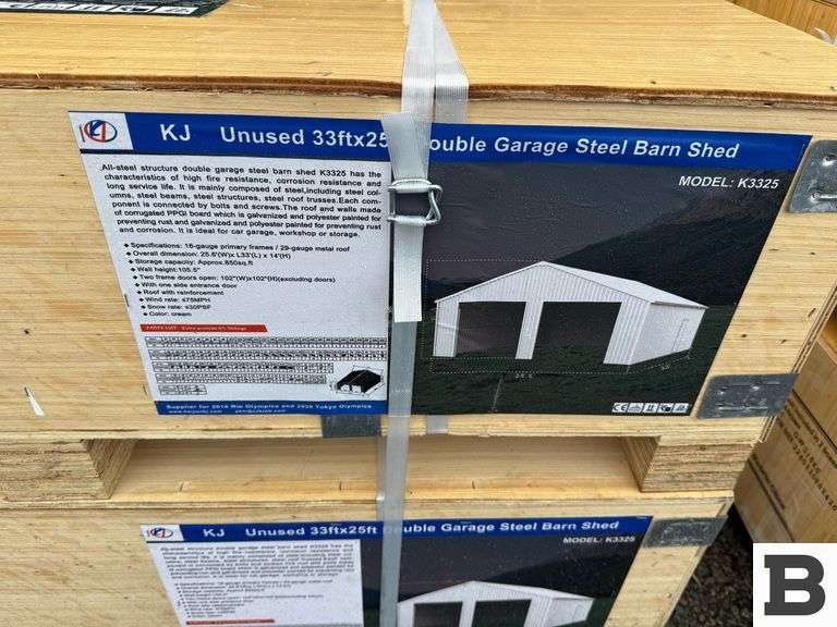 KJ Unused K3325 Double Garage Steel Barn Shed - Booker Auction Company