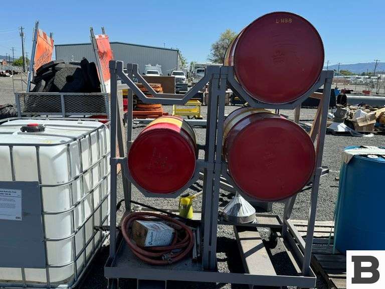 Oil Barrel Rack with Barrels & Oil - Booker Auction Company