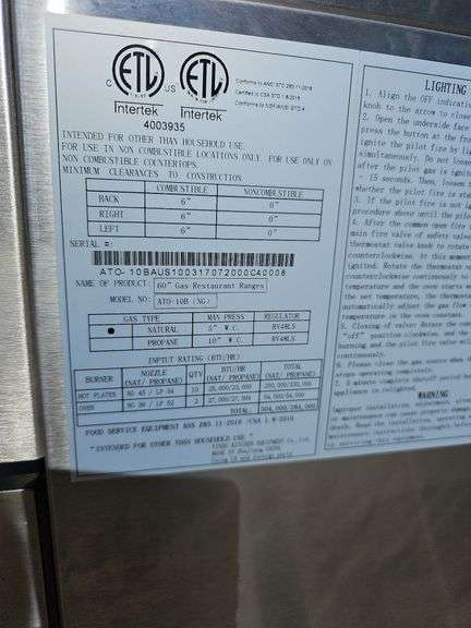 UNUSED COOK RITE 60" Range, 10 Burner 2 Ovens with Overshelf - Business ...