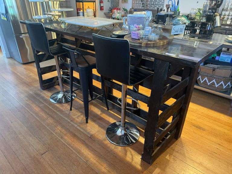 103” Rustic Bar Table w/ 3 stools - Business Liquidation Auction