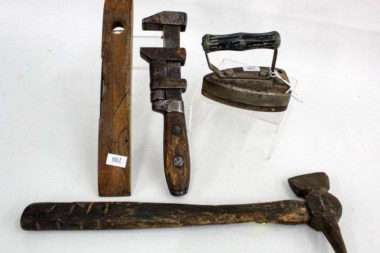 Vintage Tools including a hand forged slate hammer, wooden level ...