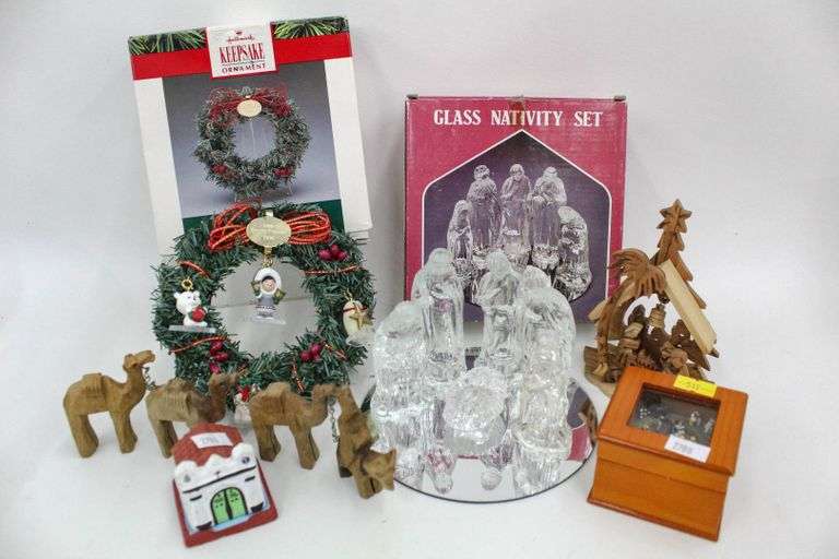 Holiday collection, includes wooden nativity from Bethlehem -and- glass ...