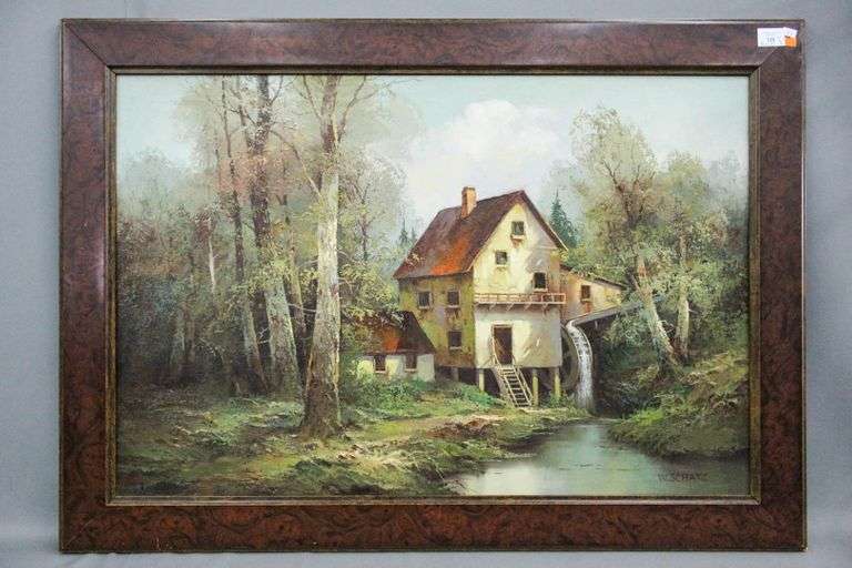 William Schatz signed W Schatz "Old Mill" painting - 1970s work - 42 ...