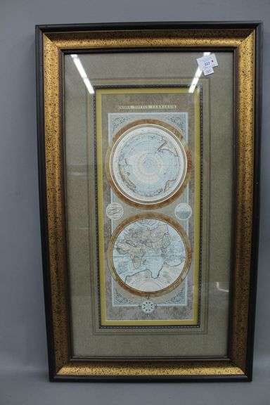 Vintage maps - two round maps mounted together - 30 x 18 framed T7 ...