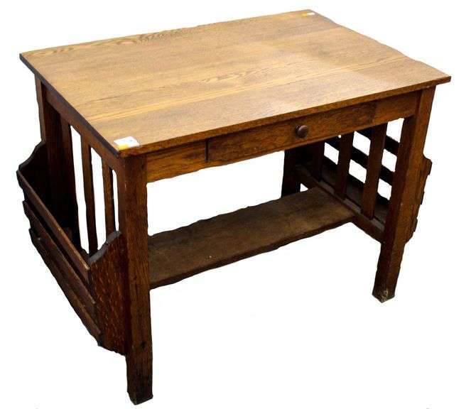 Mission style accent centerpiece table with trestle base and magazine ...