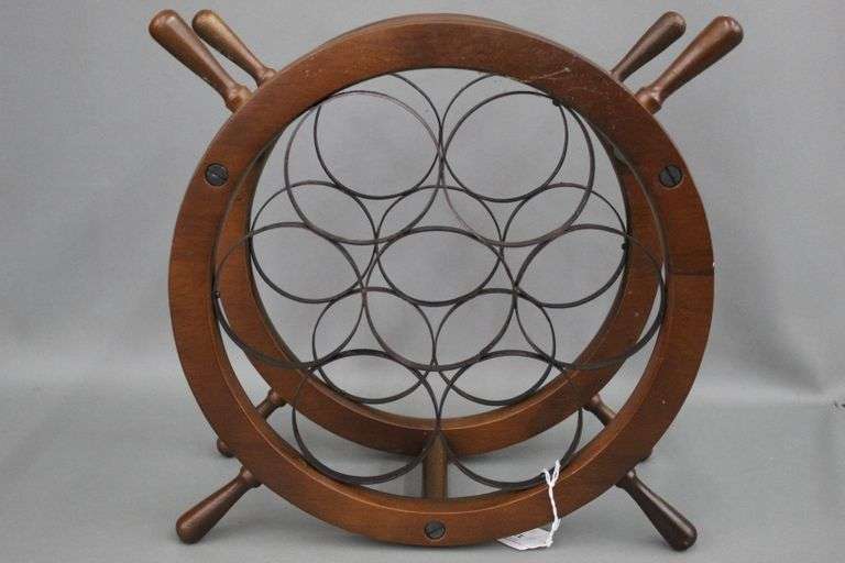 Vintage Wood Ships Wheel seven bottle wine rack. - Bunting Online Auctions