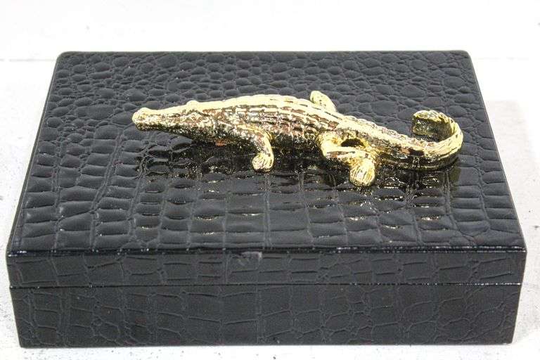 Croc Box - Black Alligator Print with Gold Tone Croc - 10 x 8 x 3 ...