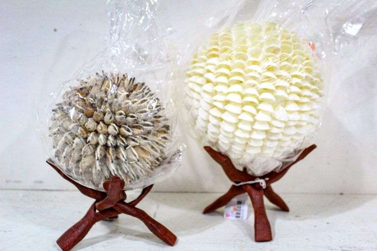 Sea Shell Balls with 3-Legged Wooden Cobra Stands - two ball and stand ...