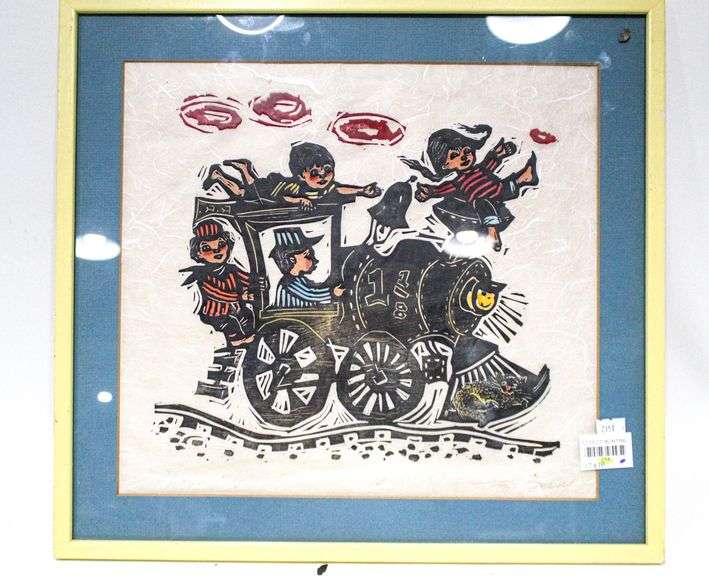 "Loco Express" - signed work - may be a linocut or woodcut - 17 x 18 ...