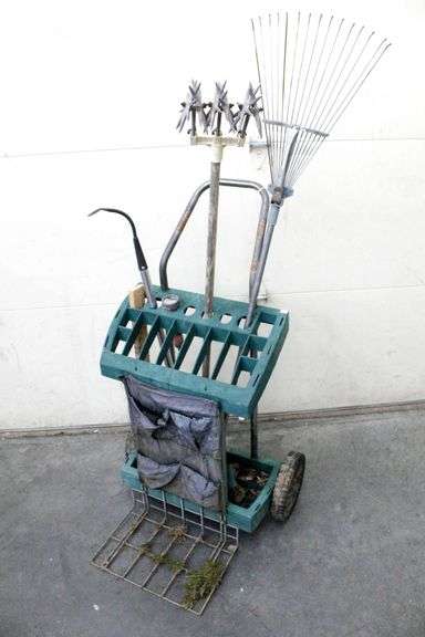 Garden cart/tool storage, includes metal rake -and- rotary cultivator ...