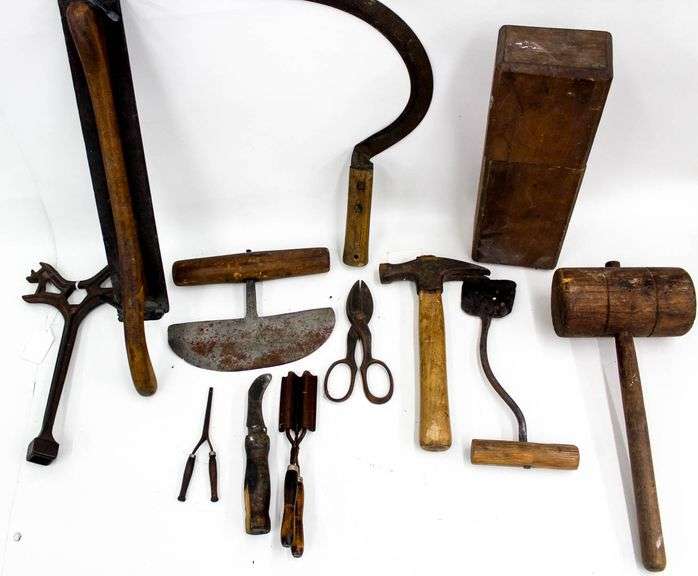 Antique tool collection, includes handle sickle -and- chopper -and ...