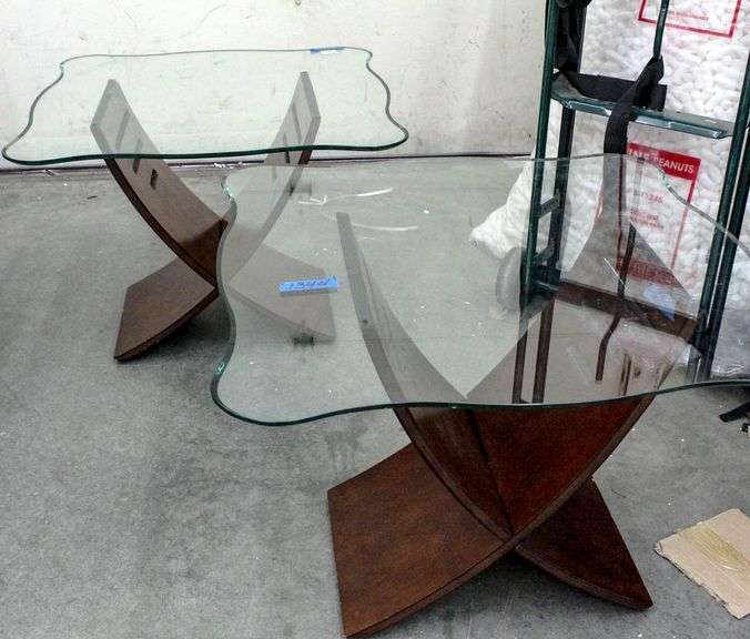 Midcentury Modern 30" bevel edge serpentine glass top table with two ...