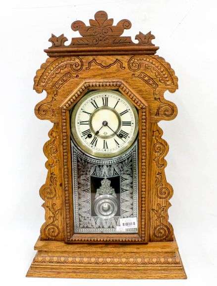 Ansonia Pressed Oak Mantel Kitchen Clock with marked paper dial, a ...