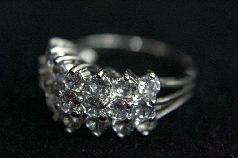 Ring from Thailand with three rows of cut crystal settings, size 7 ...