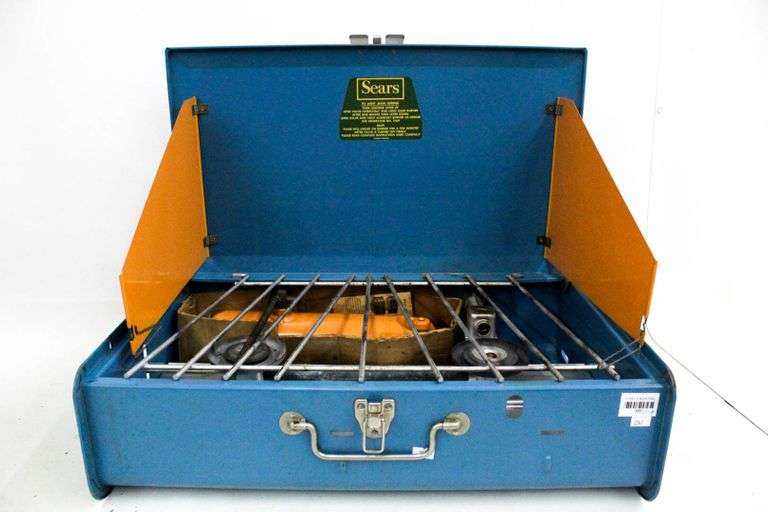 Vintage Sears Two Burner Camp Stove Blue/Yellow - Bunting Online Auctions