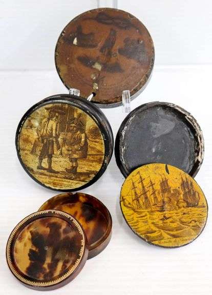 Antique Snuff Boxes, made from a variety of materials, smallest box is ...