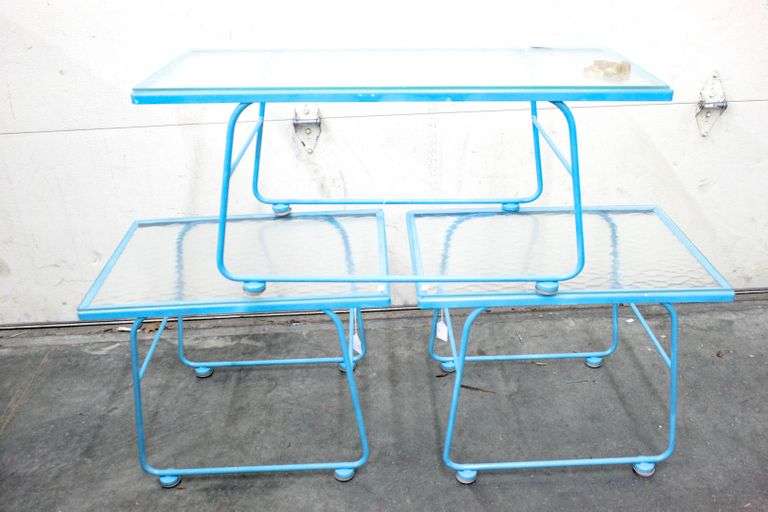 Vintage metal patio deck tables with glass tops - two accent tables and ...