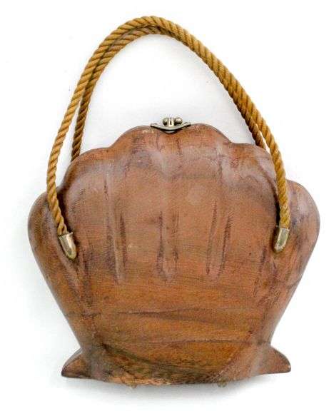Vintage wooden clam shell handbag, 10"x10" with 4" handle drop ...