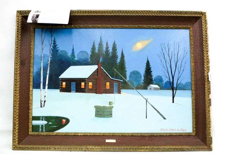 Cabin in the snow original work signed by Gayle Jaxon Surface - 31 x 42 ...