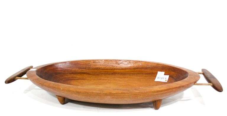 Danish Modern Style Footed Wooden Tray Bowl With Two Handles - 24 x 10 ...