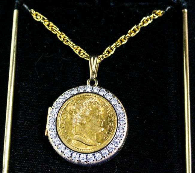Circular Locket featuring a Napoleon coin design with a clear stone ...