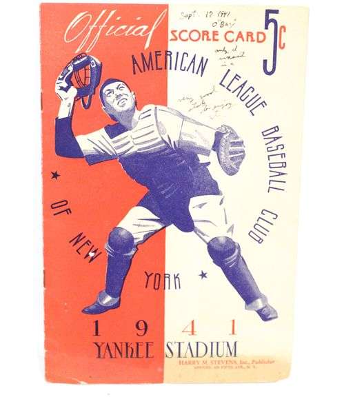 Sports Memorabilla Vintage 1941 Yankees / Indians Official Score Card ...