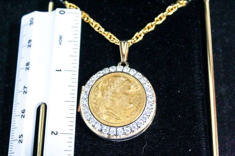 Circular Locket featuring a Napoleon coin design with a clear stone ...