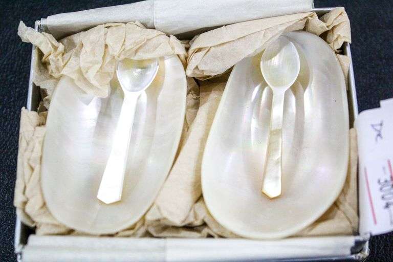 Caviar dishes, abalone, two dishes and two spoons in a Shreve, Crump ...