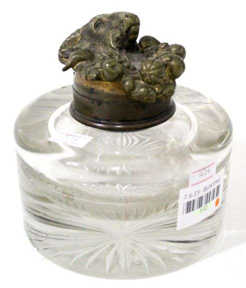 Antique Crystal / Glass Inkwell Bronze Ram's Head Lifts to Blue Glass ...