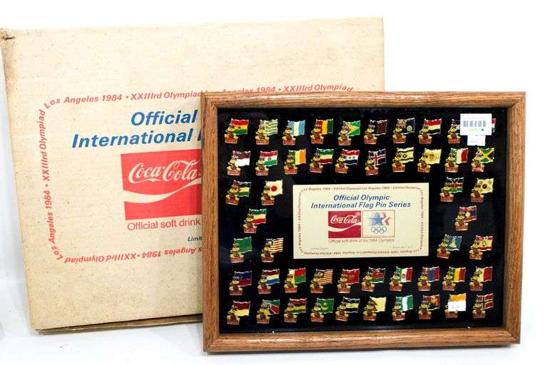 1984 XXIIIrd Los Angeles Olympics Pin Set in Wooden Shadow Box , Coca ...