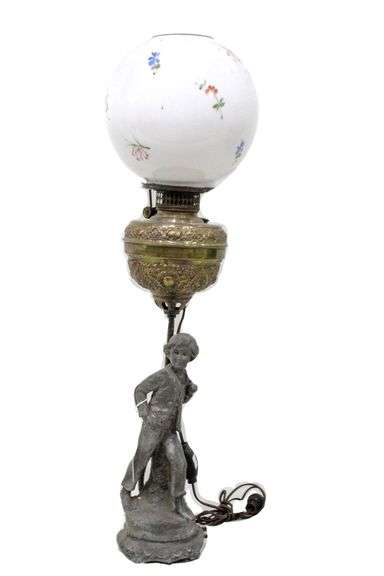 Vintage Spelter / Pewter Boy Figural Lamp With Pressed Metal Art Font ...