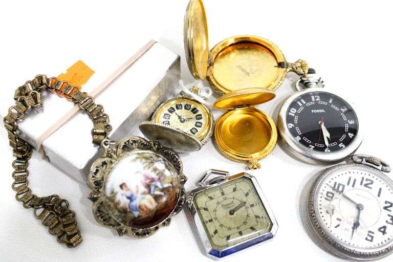 Pocket watch collection , Includes Phillip wells , Fossil , Waltham ...