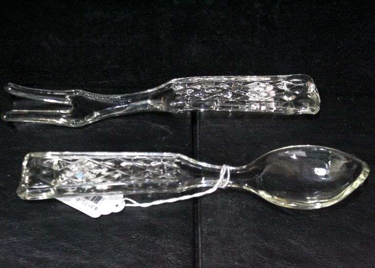 Clear Crystal Glass Spoon & Fork Serving Set Diamond Cut. May-be Anchor ...