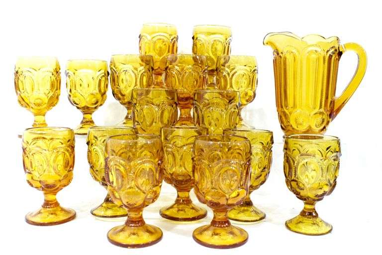 L. E. Smith Glass "Moon and Stars" Glass Pitcher and Stemware - Bunting ...